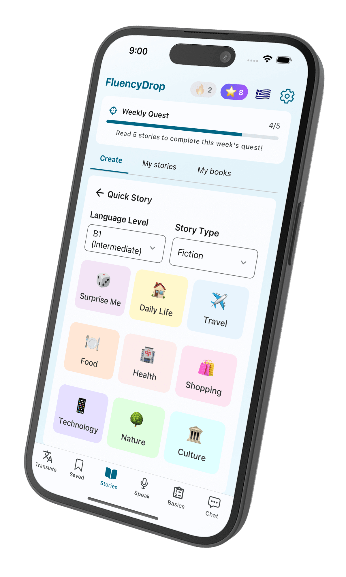 FluencyDrop - AI Language Learning with Stories | Free Web + Mobile App
